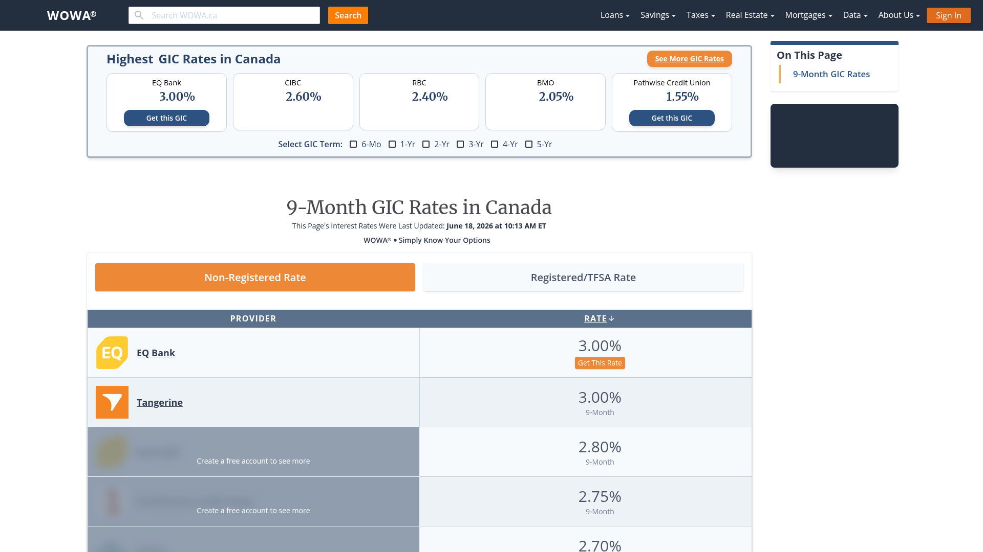 List of 9-Month GIC Rates in Canada | WOWA.ca
