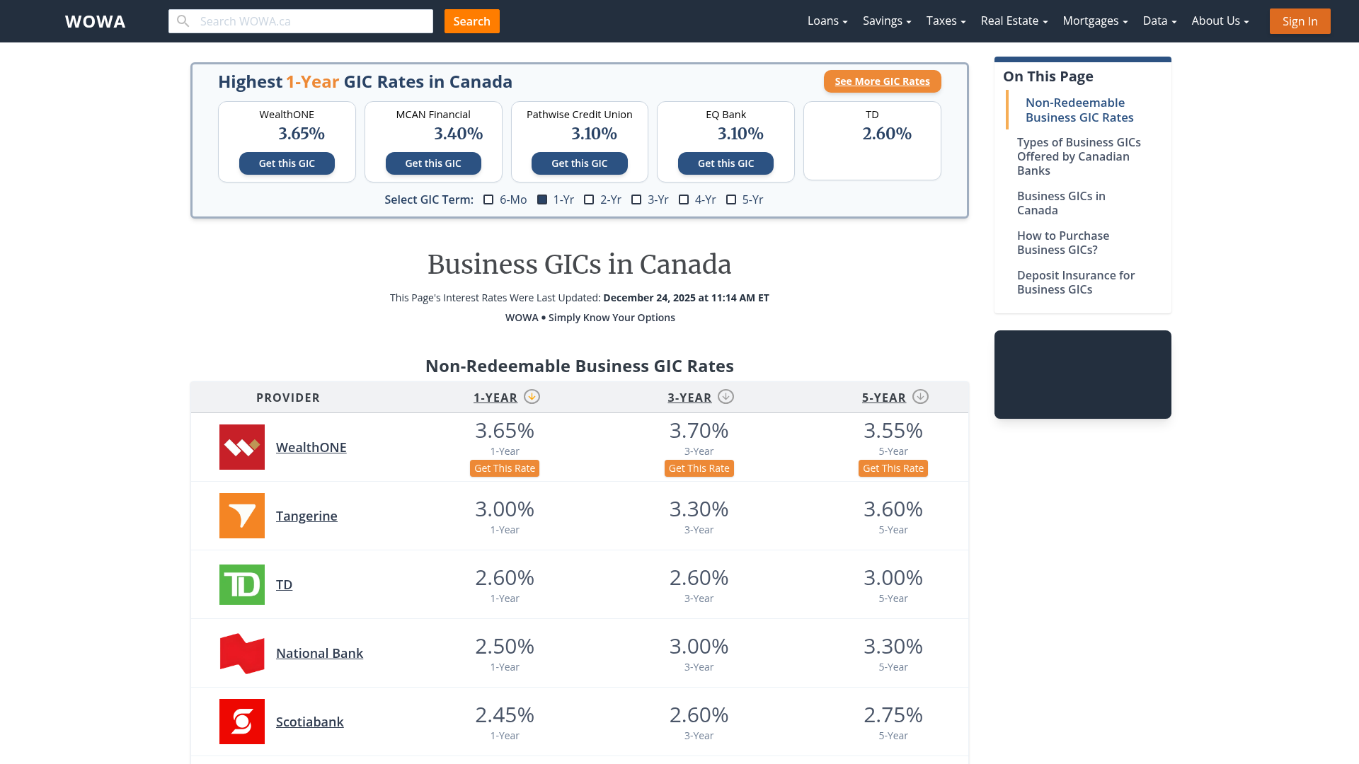 Compare Business GICs in Canada | WOWA.ca