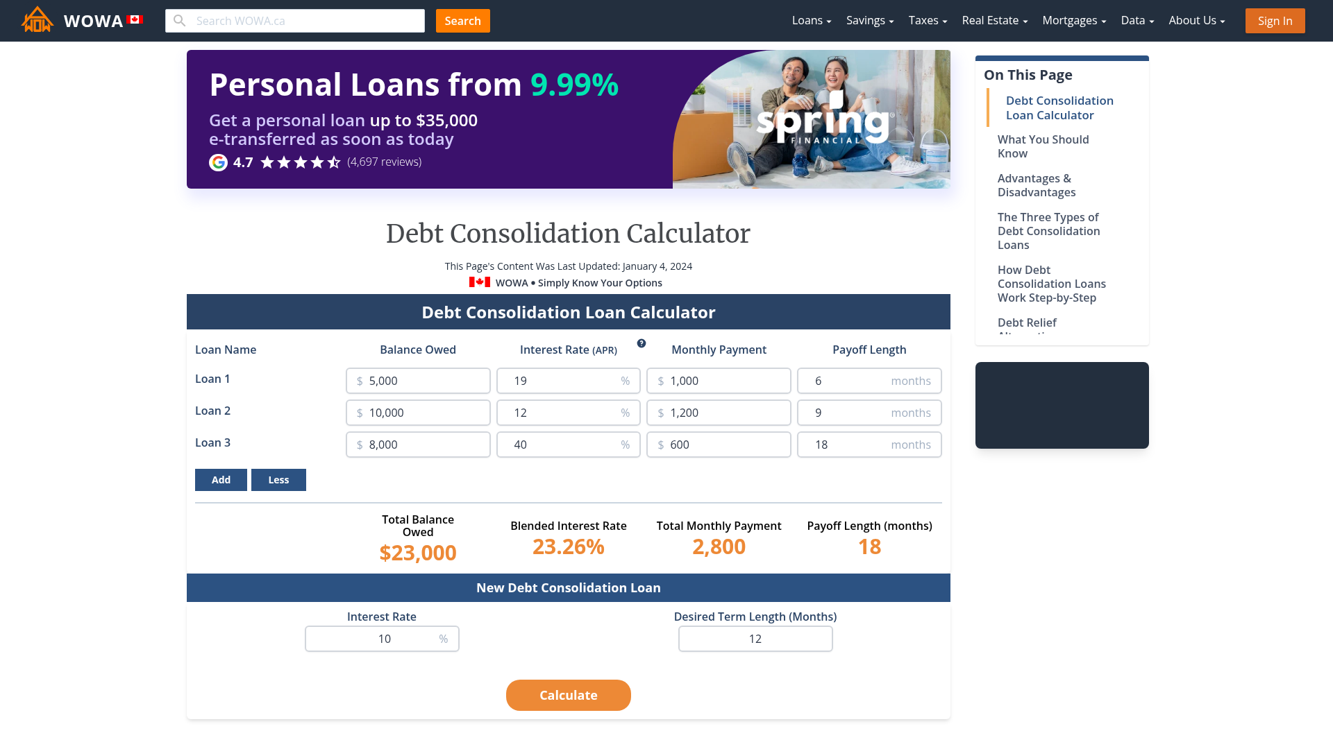 Debt Consolidation Calculator | WOWA.ca
