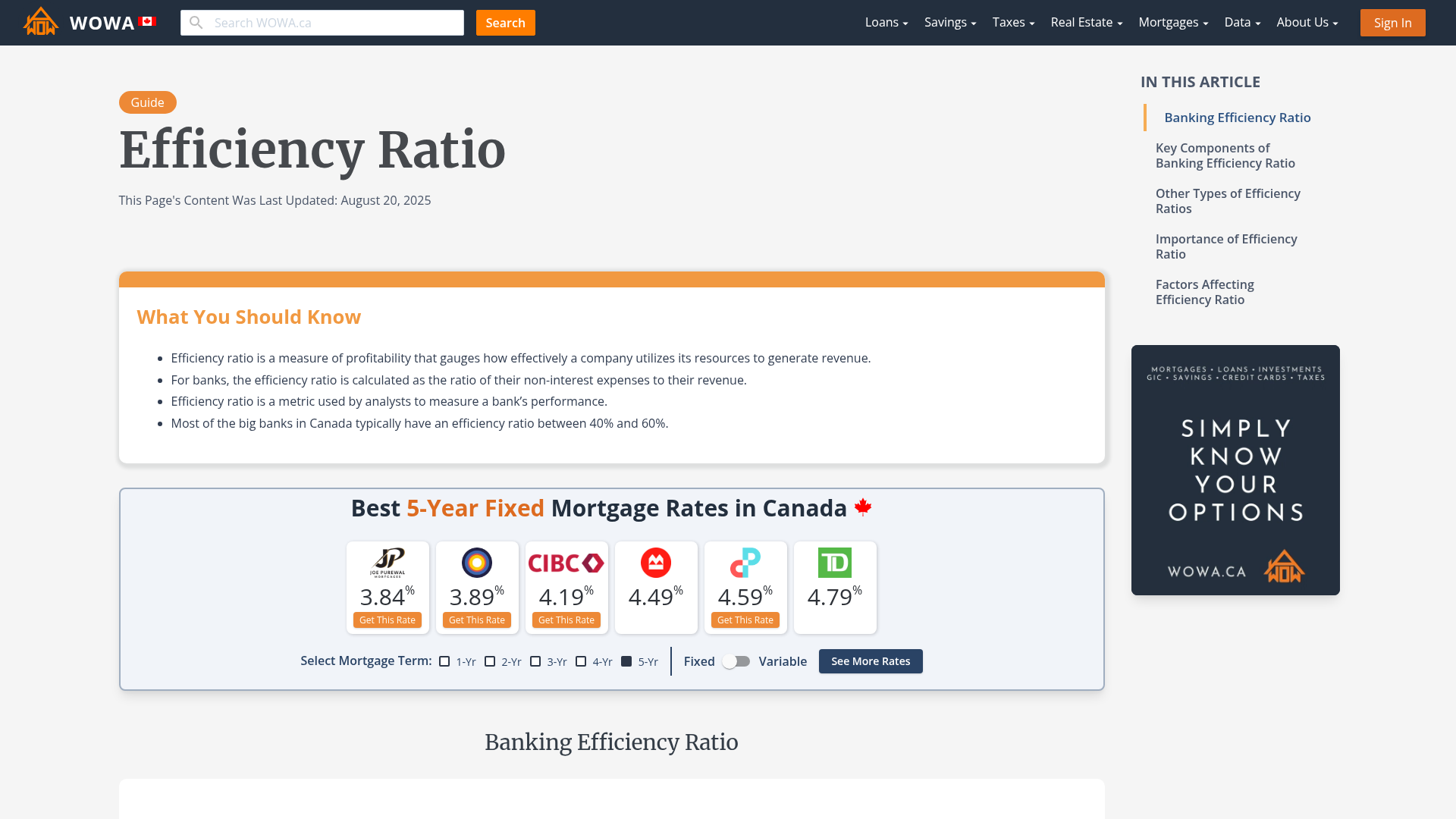 Efficiency Ratio of Canadian Banks | WOWA.ca