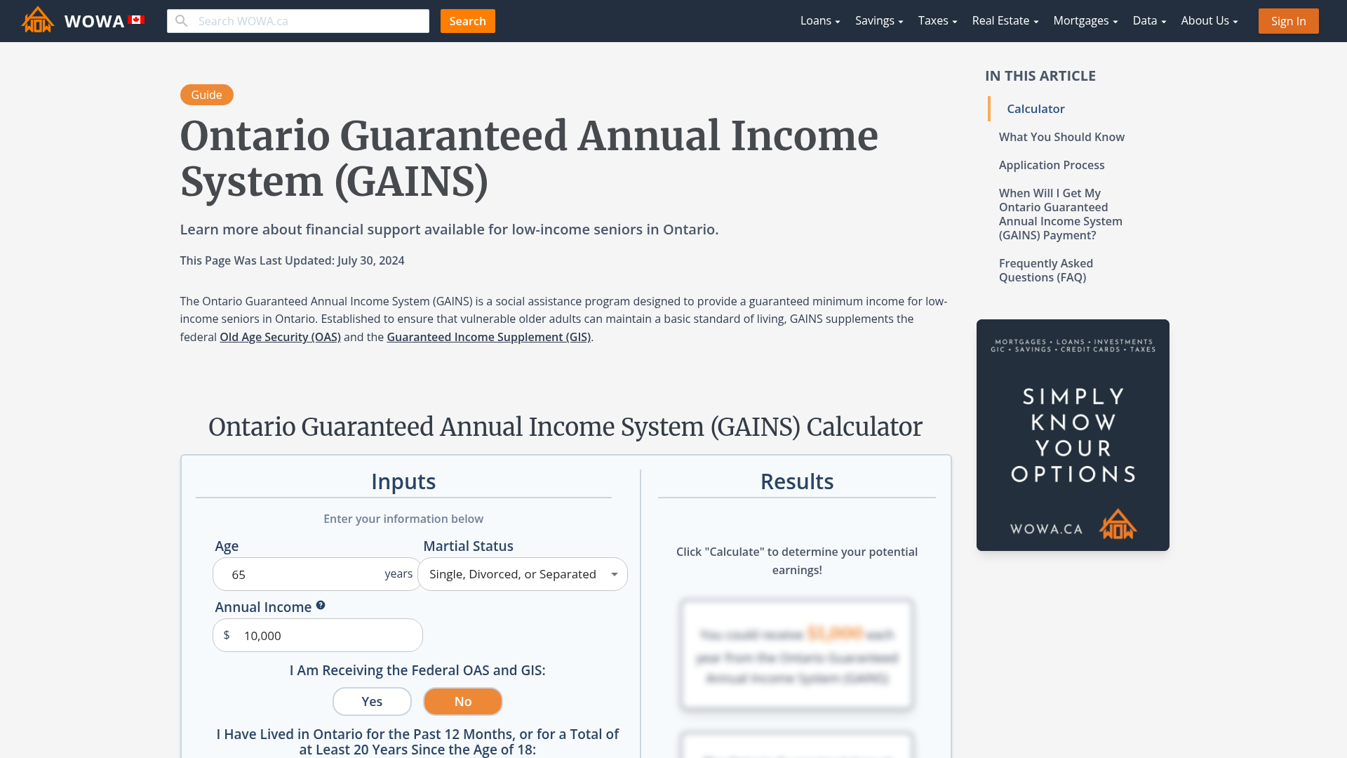 Ontario Guaranteed Annual Income System (GAINS) | WOWA.ca