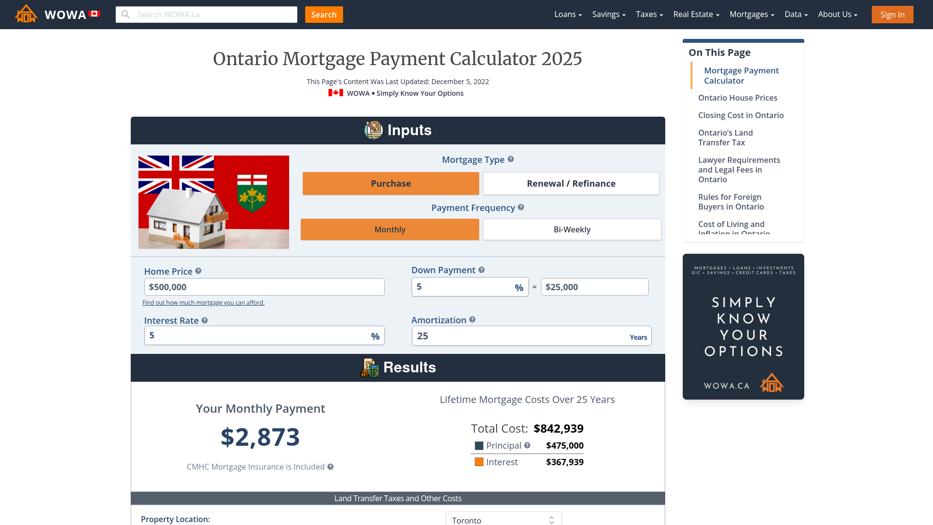 Ontario Mortgage Payment Calculator WOWA ca