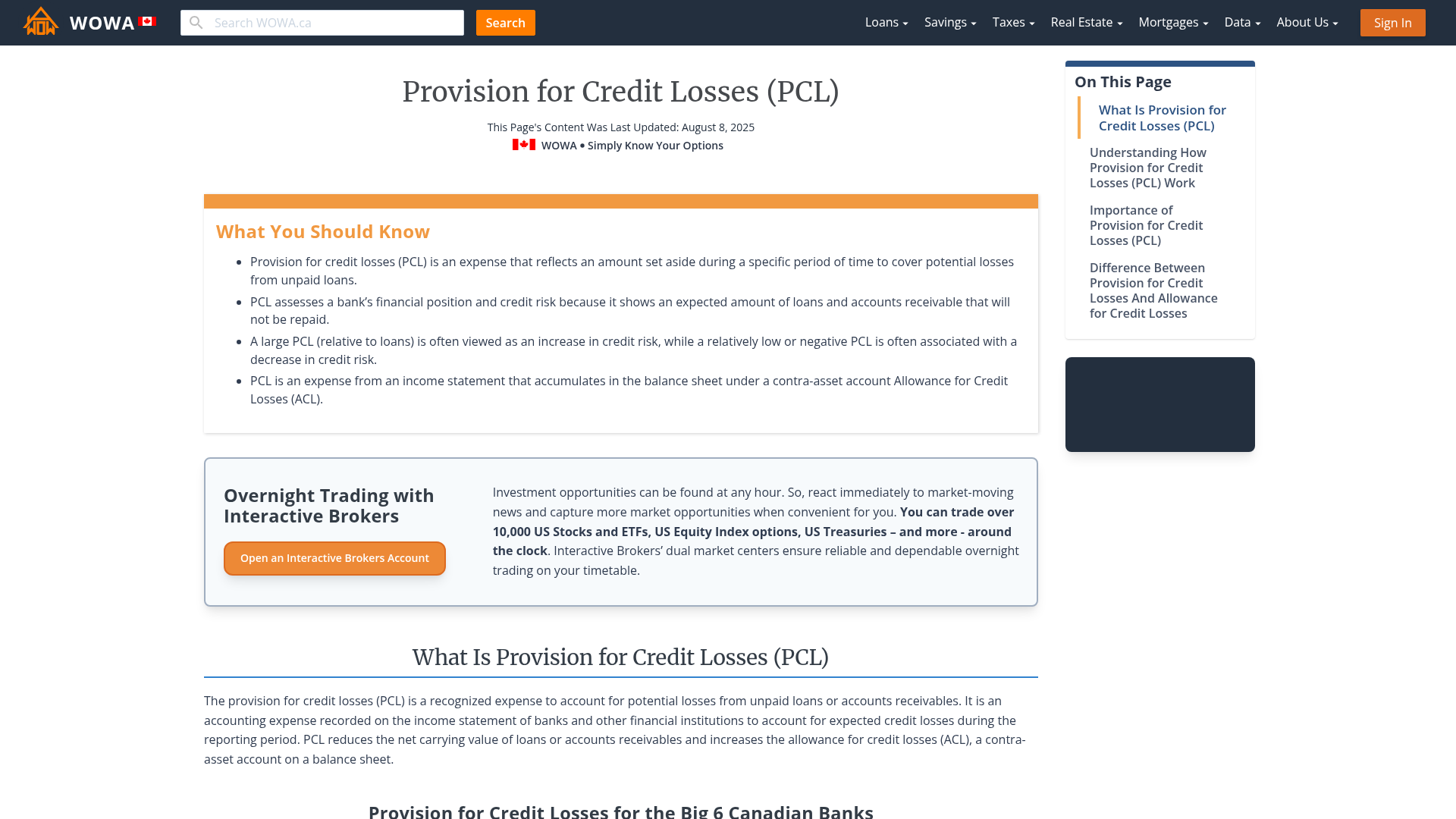 Provision for Credit Losses (PCL) | WOWA.ca